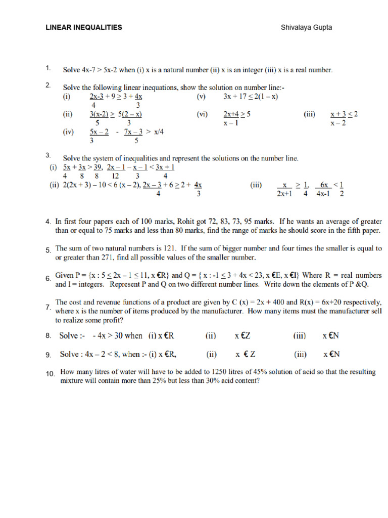 LINEAR INEQUALITIES WORKSHEET | PDF