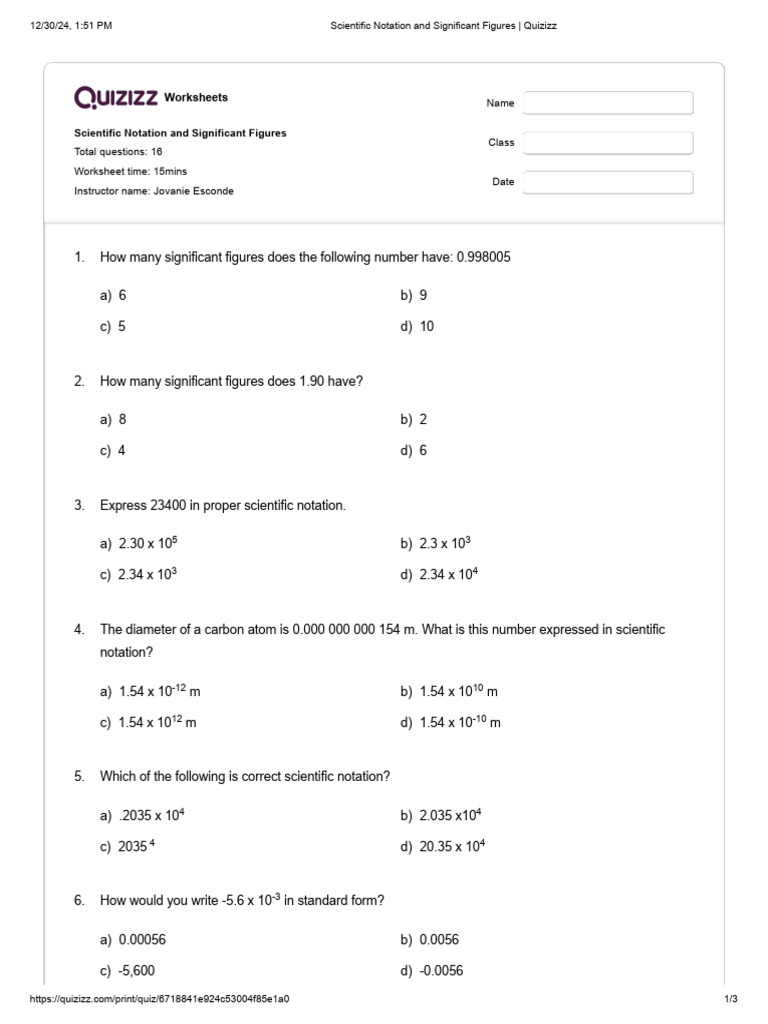 Scientific Notation and Significant Figures _ Quizizz | PDF ...