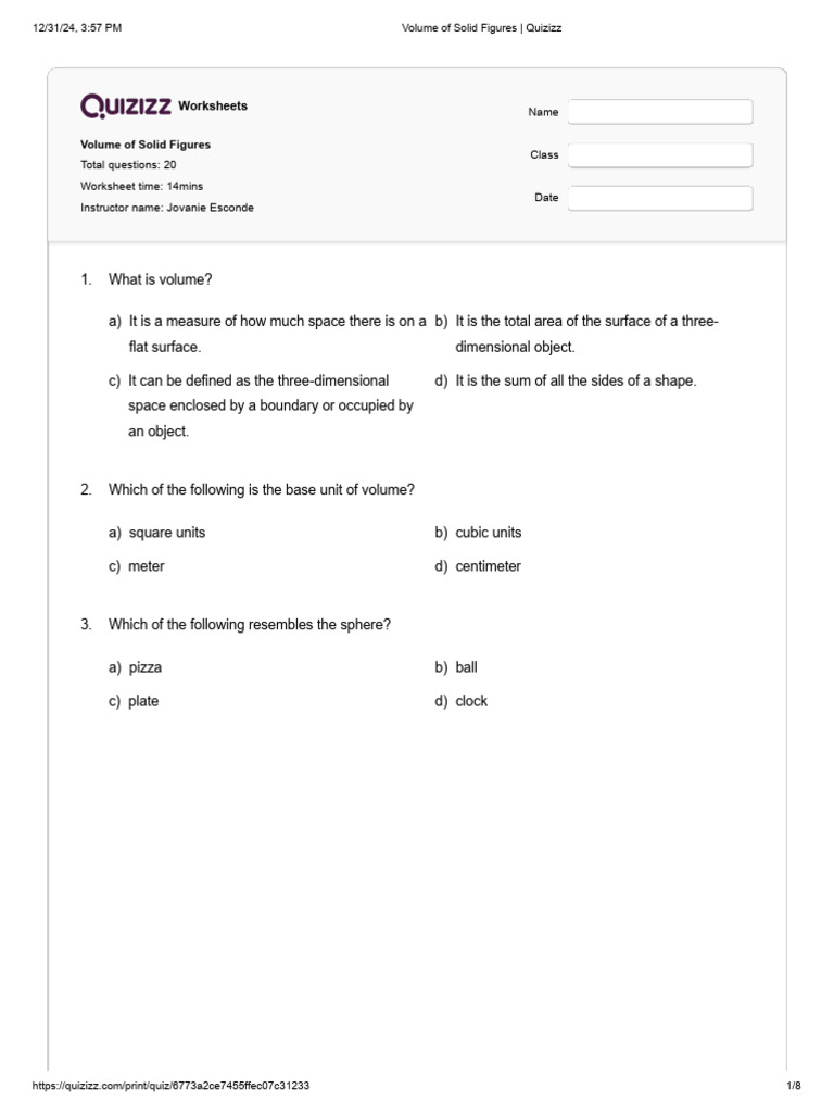 Volume of Solid Figures - Quizizz | PDF | Volume | Sphere
