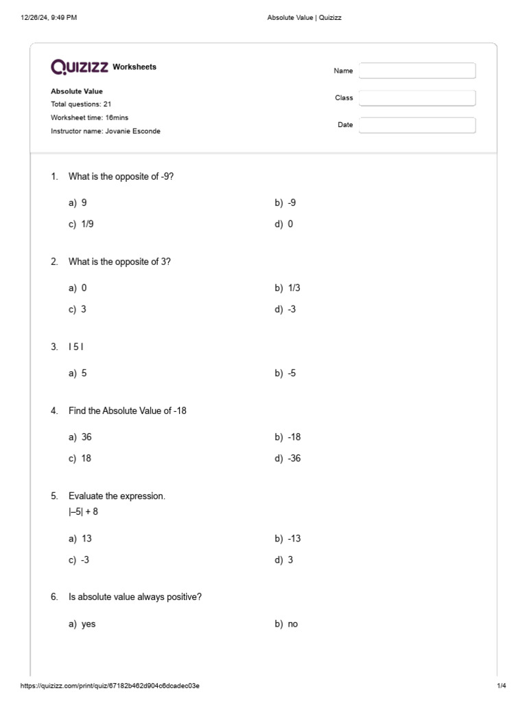 Absolute Value _ Quizizz | PDF | Numbers | Integer