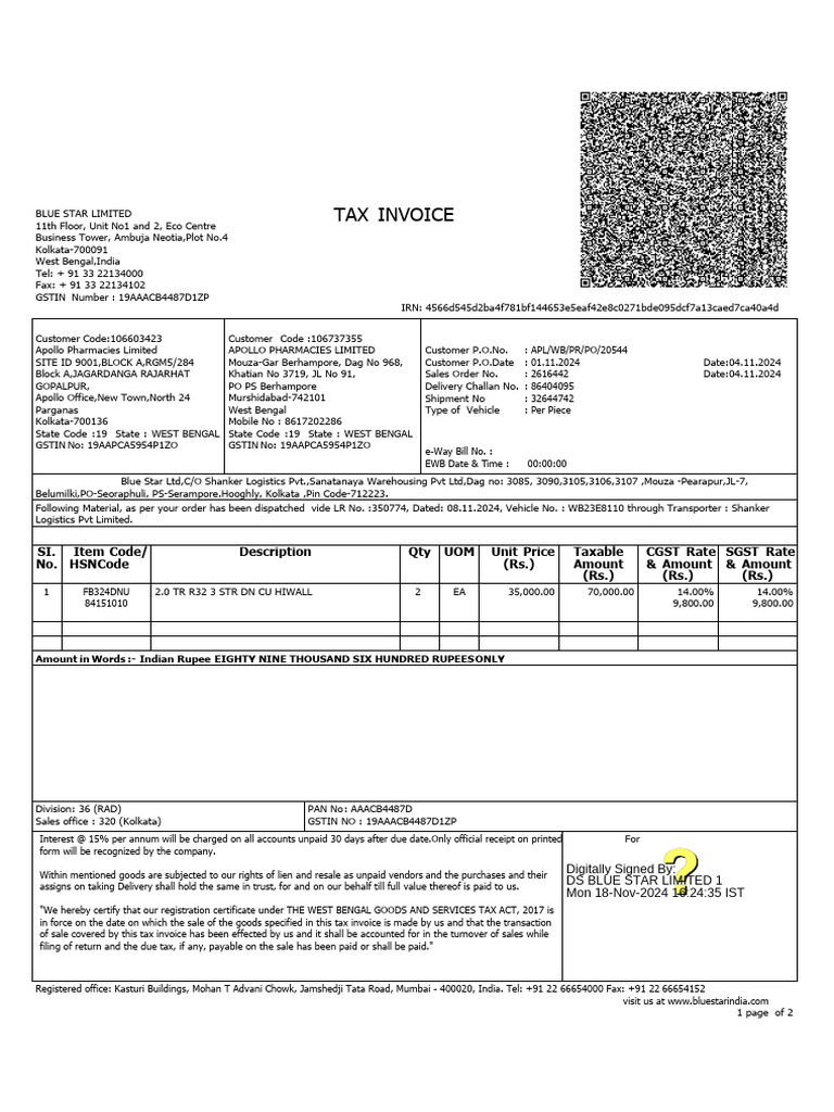 Blue Star Tax Invoice for Apollo | PDF | Government Finances | Payments