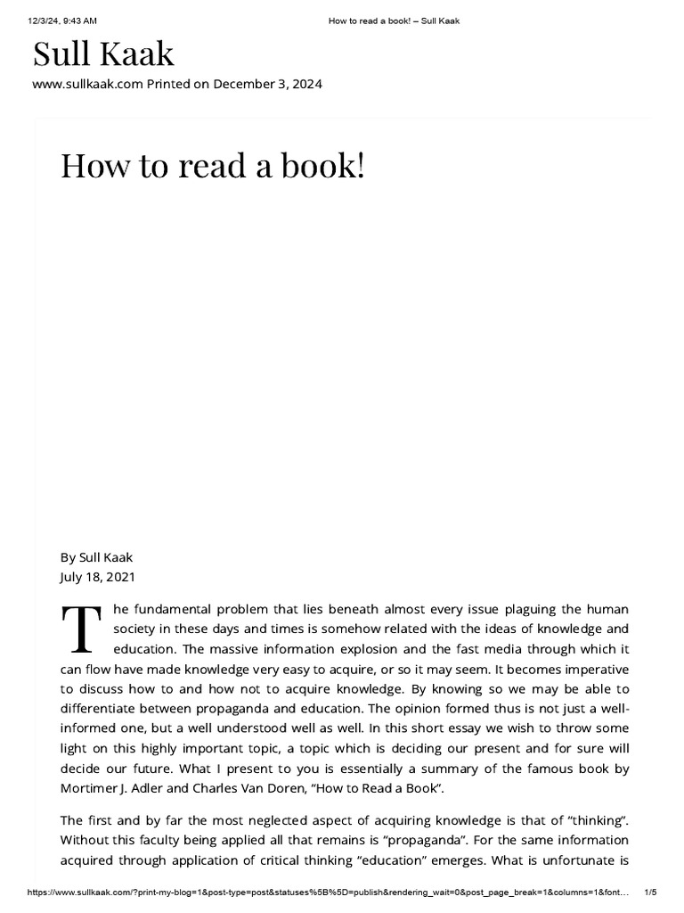 How To Read A Book! - Sull Kaak-Part1 | PDF | Knowledge | Experience