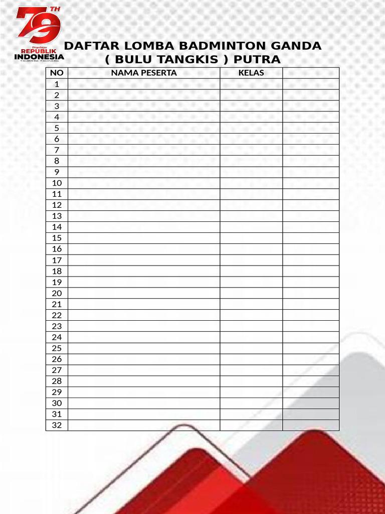 Daftar Lomba Badminton Ganda Putra | PDF