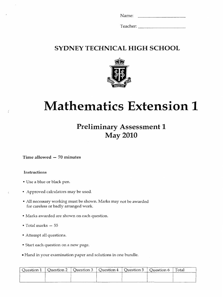 Sydney Tech 2010 3U Prelim HY & Solutions | PDF | Algebra | Elementary Mathematics