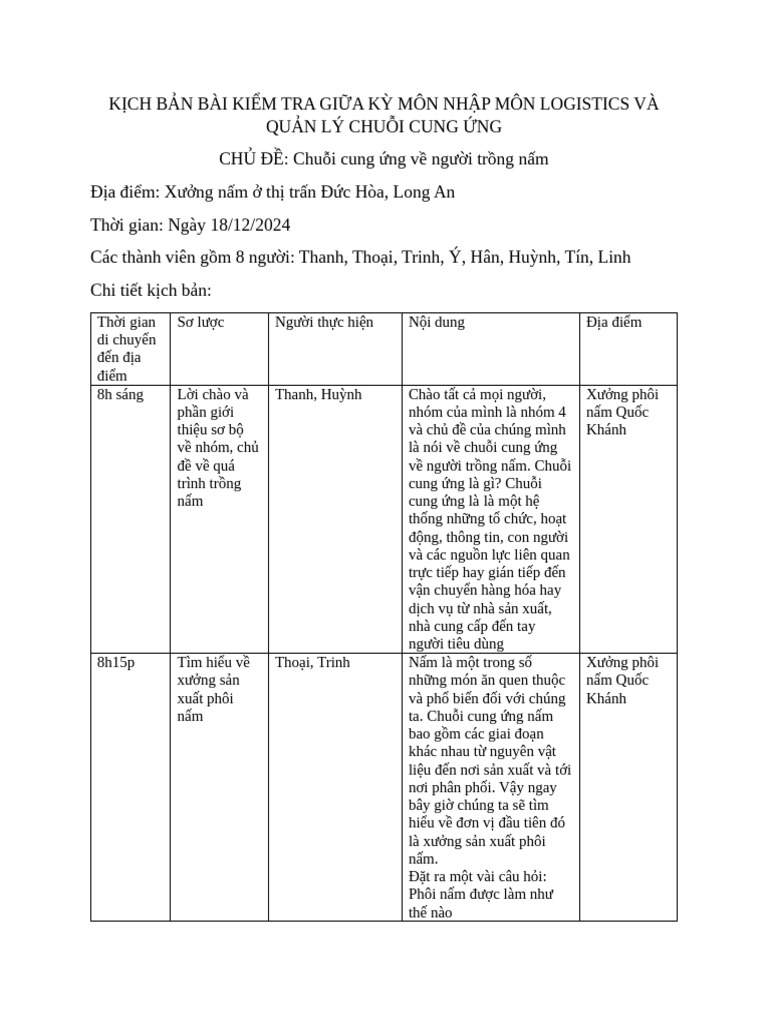Kịch Bản Bài Kiểm Tra Giữa Kỳ Môn Nhập Môn Logistics Và Quản Lý Chuỗi Cung Ứng | PDF