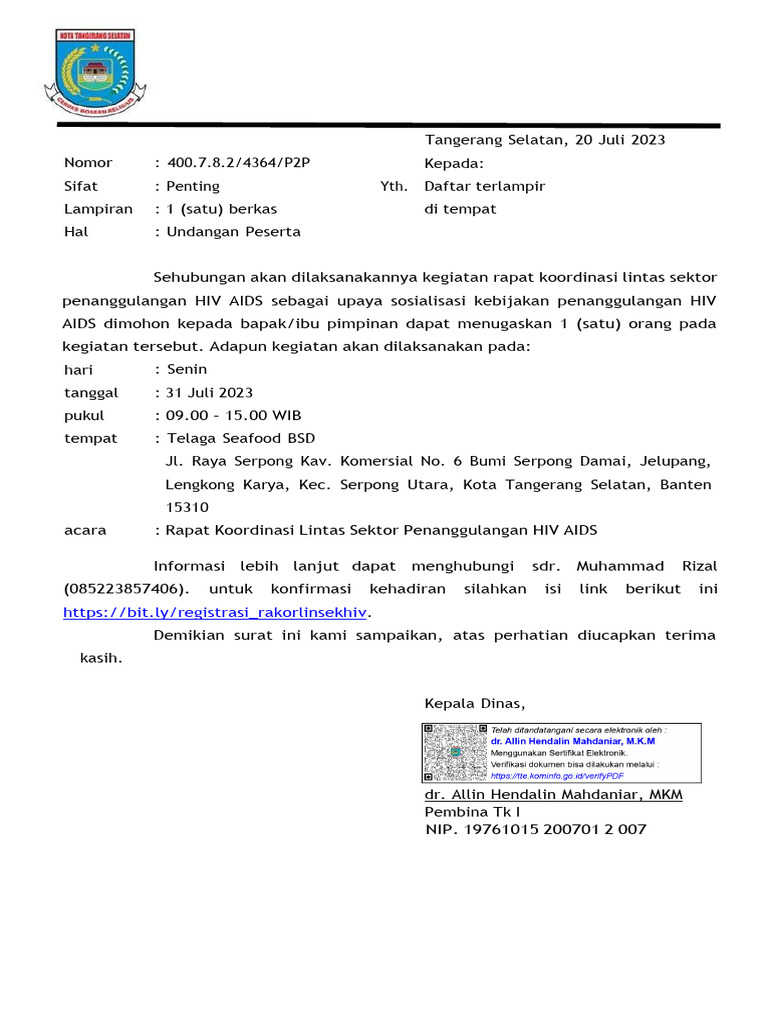 01 - Surat Undangan Peserta Rakor Linsek HIV | PDF