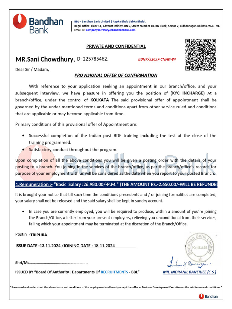 CONFIRMATION LETTER (Mr,Sani Chowdhury) | PDF