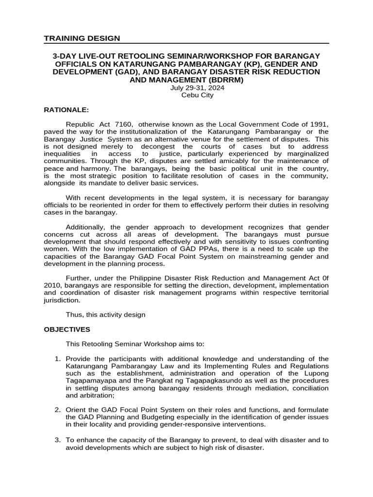 Activity Design Liga KP GAD BDRRM 2025 | PDF | Mediation | Disaster ...