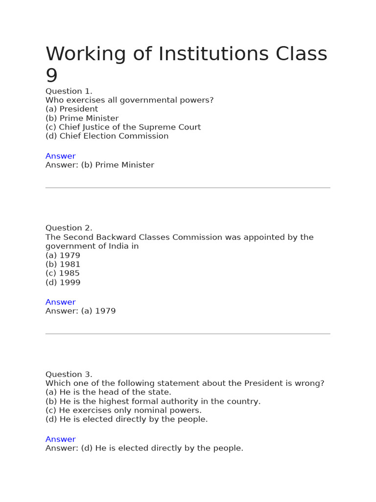 Class - 9 - Civics - Working of Institutions | PDF | Government Of ...