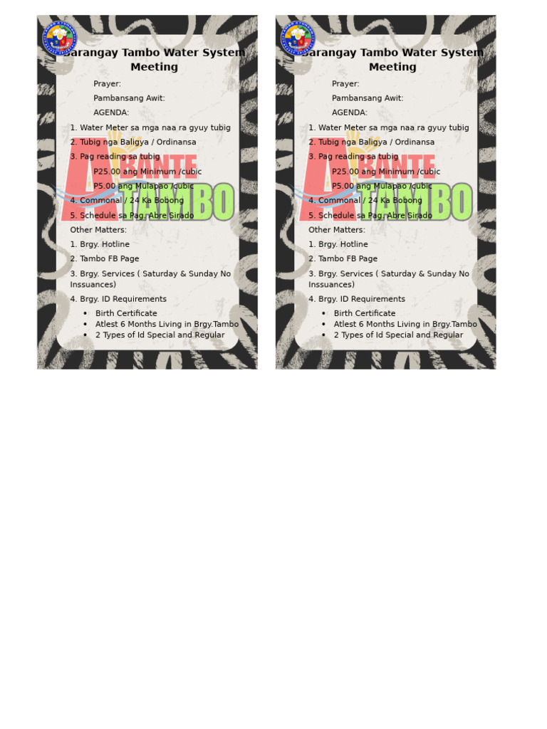 Barangay Tambo Water System Meeting | PDF