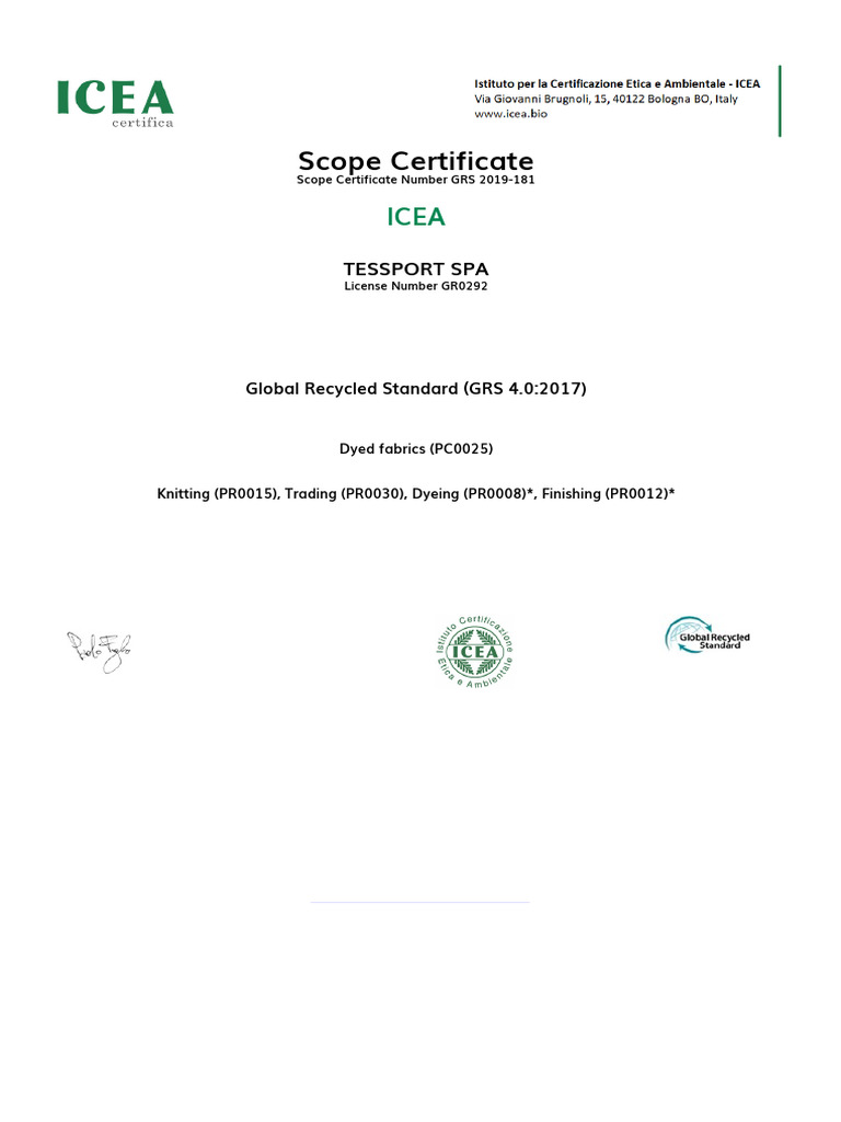 3.0 - Icea GRS Scope Cert 1 | PDF | Textiles | Dyeing