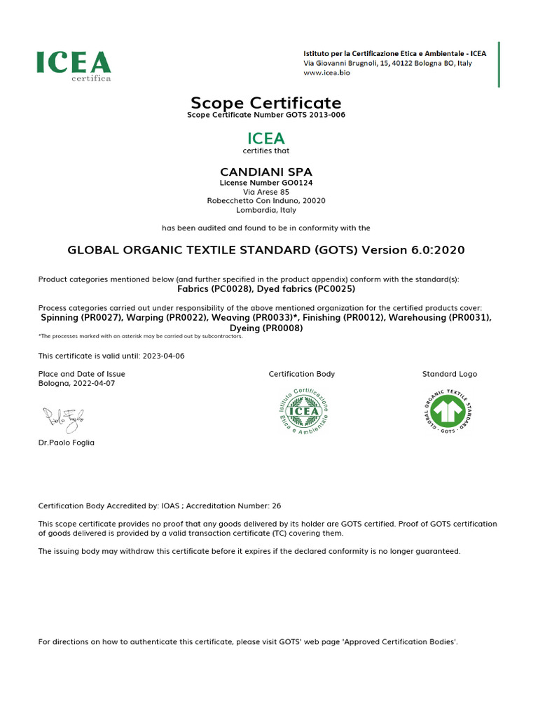 ICEA VER.2 GOTS SCOPE CERTIFICATE | PDF | Dyeing | Weaving