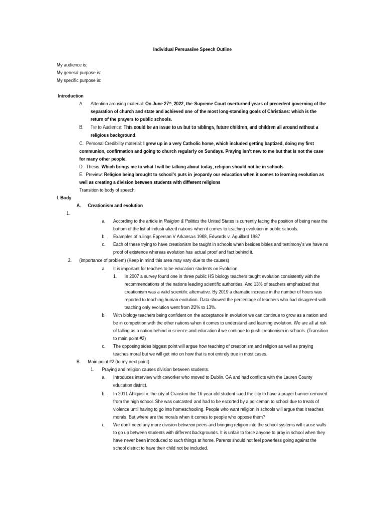Persuasive Speech Outline Template | PDF | Creationism