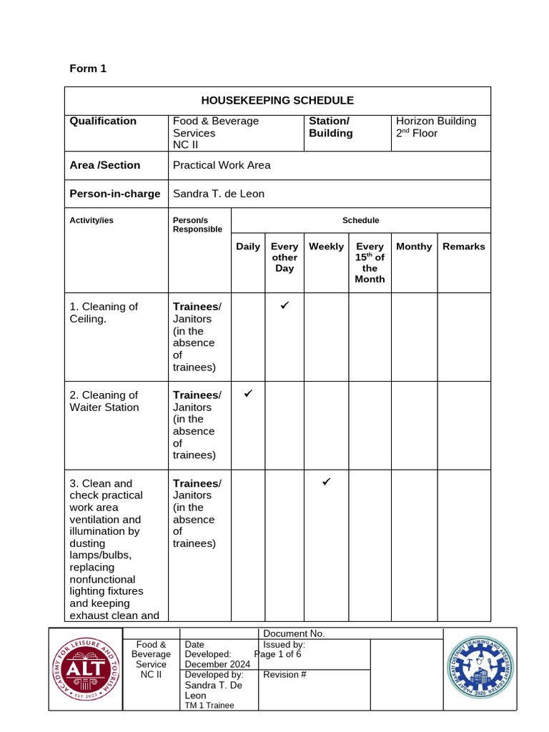 Form 1 Housekeeping Schedule | PDF