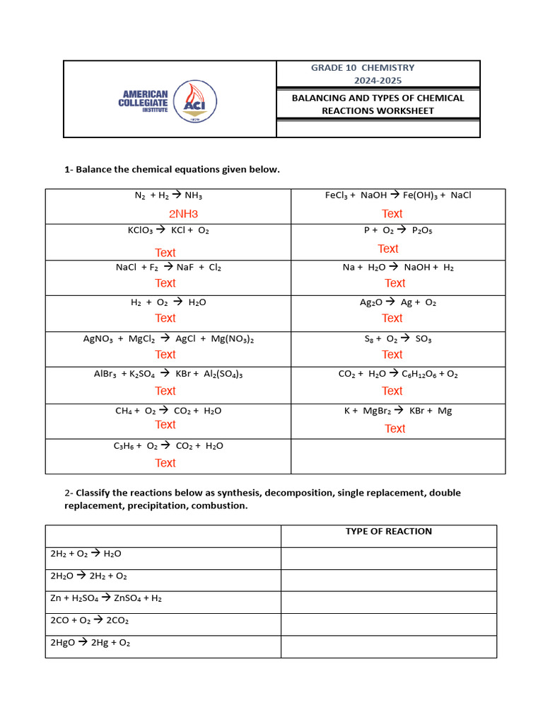 Balancing and Types of Chemical Reactions 10th Grade | PDF