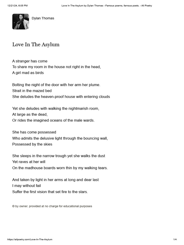 Love in The Asylum by Dylan Thomas - Famous Poems, Famous Poets. - All ...