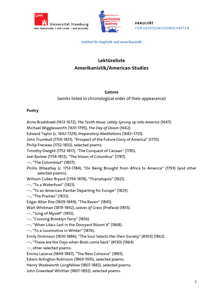 American Literature Reading List | PDF | American Literature