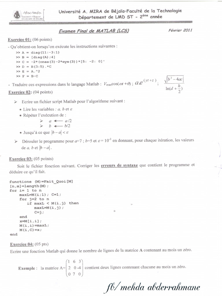 Corrigé Examen MATLAB 4x4 | PDF | Algèbre linéaire | Mathématiques