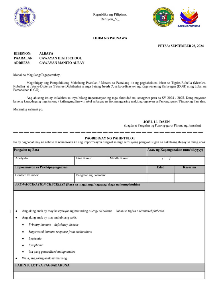 SBI Consent Form For GRADE 7 MR TD | PDF