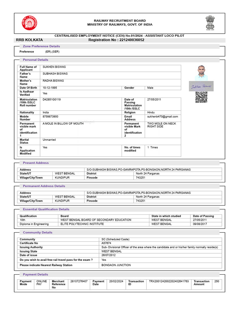 RRB ALP Final Application | PDF