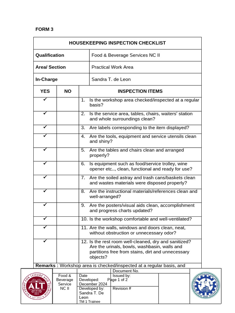 Form 3 Housekeeping Checklist | PDF | Housekeeping | Waste