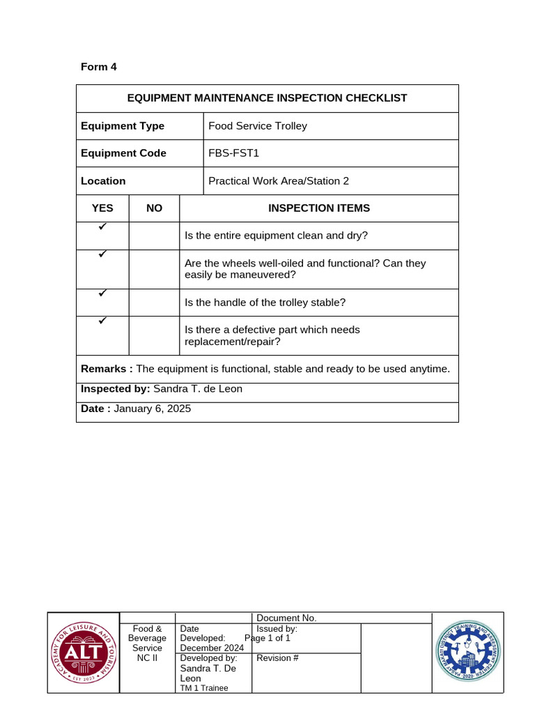 Food Service Trolley Inspection Checklist | PDF