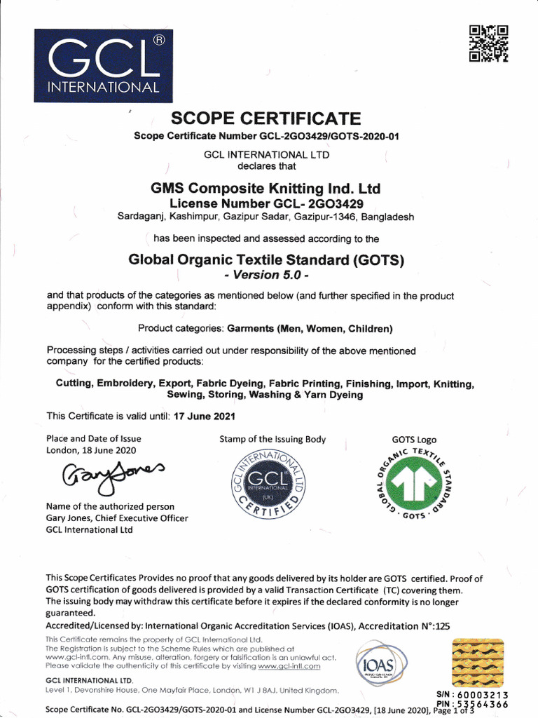 (DDAM)- (GCAW) GOTS_Scope Certificate_ GMS Composite Knitting Ind. Ltd. | PDF | Textiles | Knitting