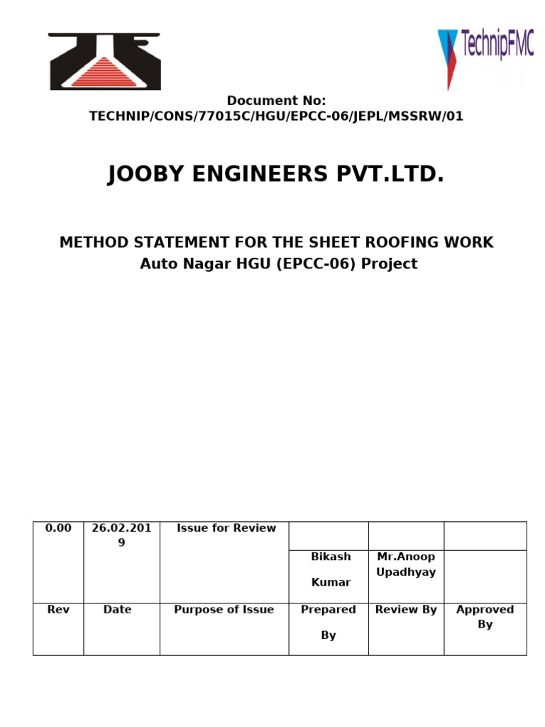 Method Statement For The Sheet Roofing Work | PDF | Safety