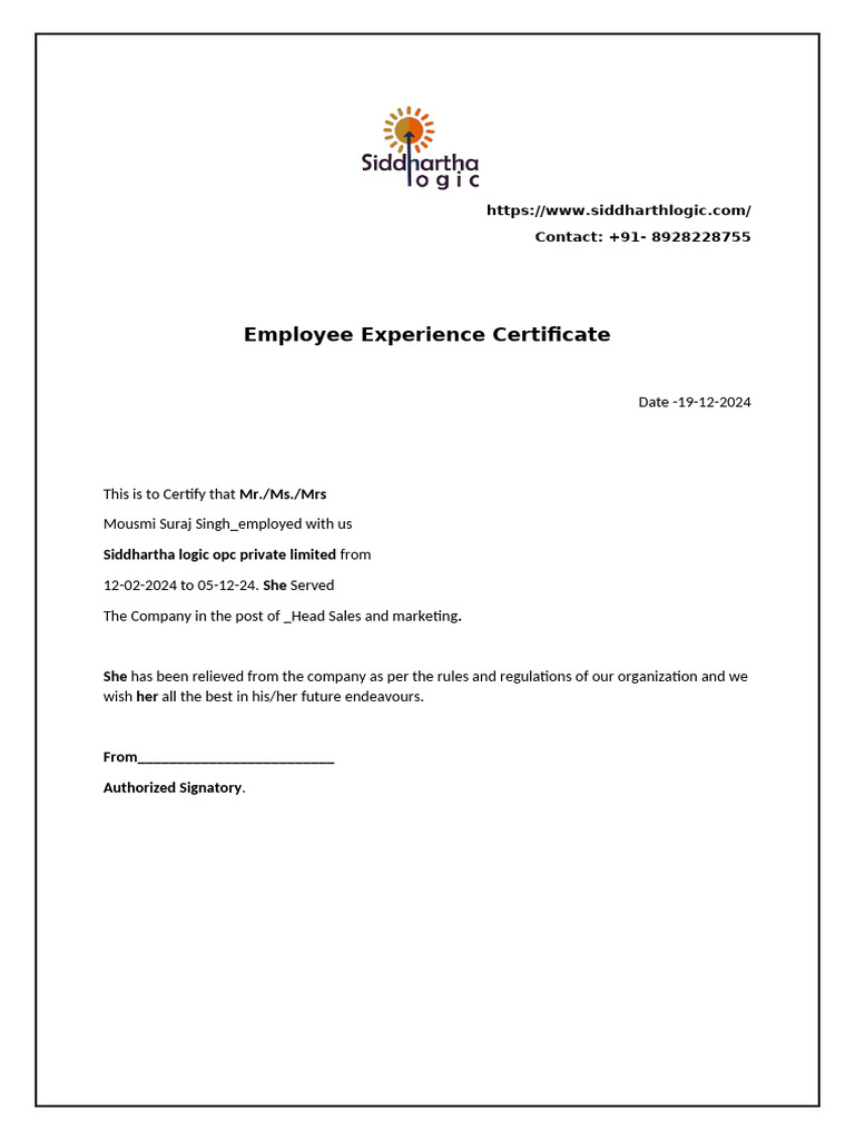 Employee Experience Certificate 2 | PDF