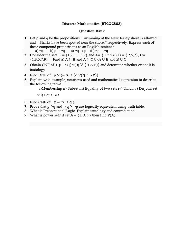 Discrete Mathematics Question Bank | PDF