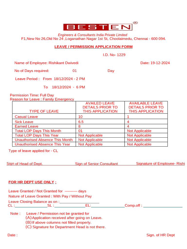 Leave Application Form for Employees | PDF