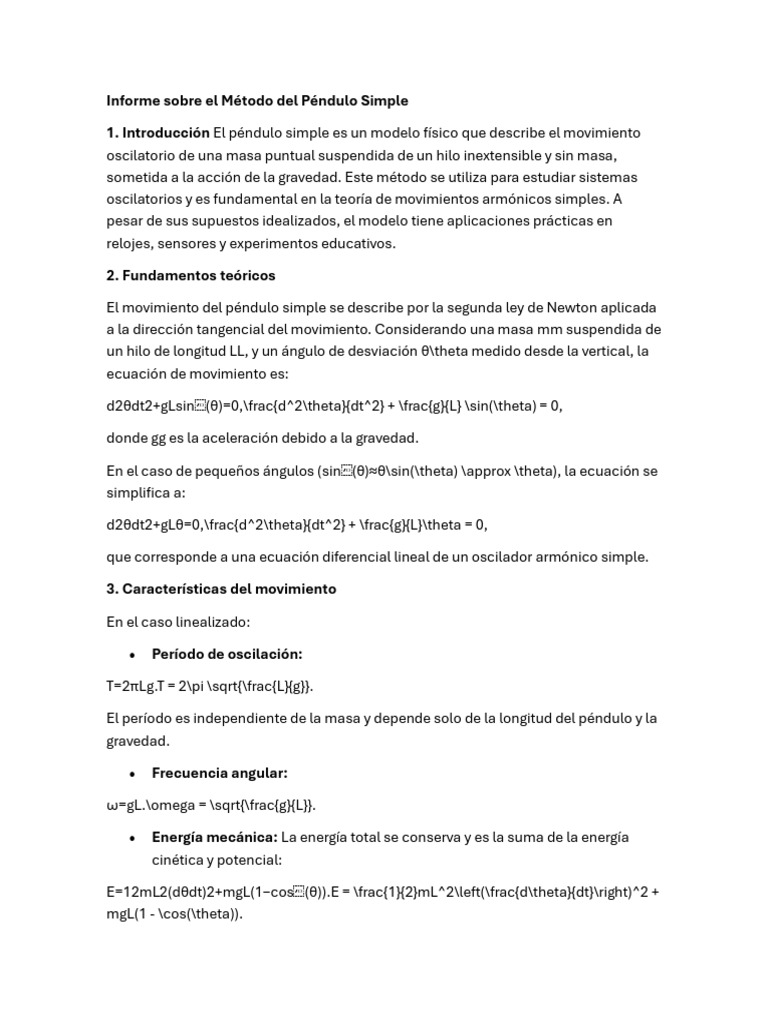 Informe Sobre El Método Del Péndulo Simple | PDF | Péndulo | Masa
