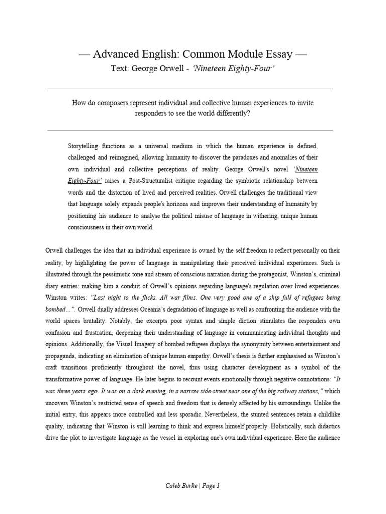 2020 EA - Common Module – George Orwell – Nineteen Eighty Four – Essay ...