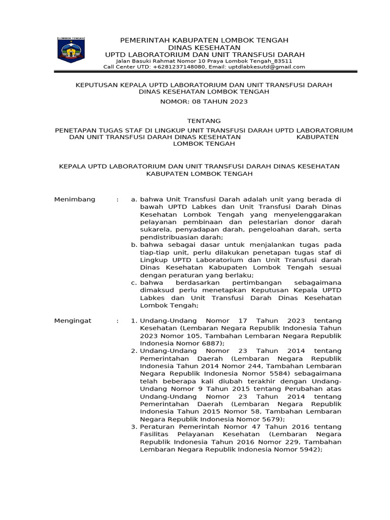 SK Pentapan Tugas Staf Lab dan UTD 2023 | PDF