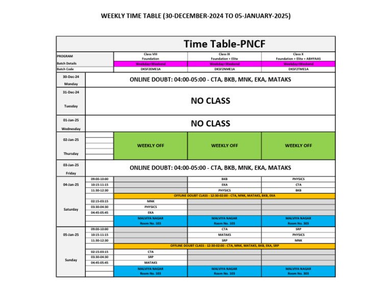 PNCF Time Table (30 Dec 2024-05 Jan 2025) | PDF