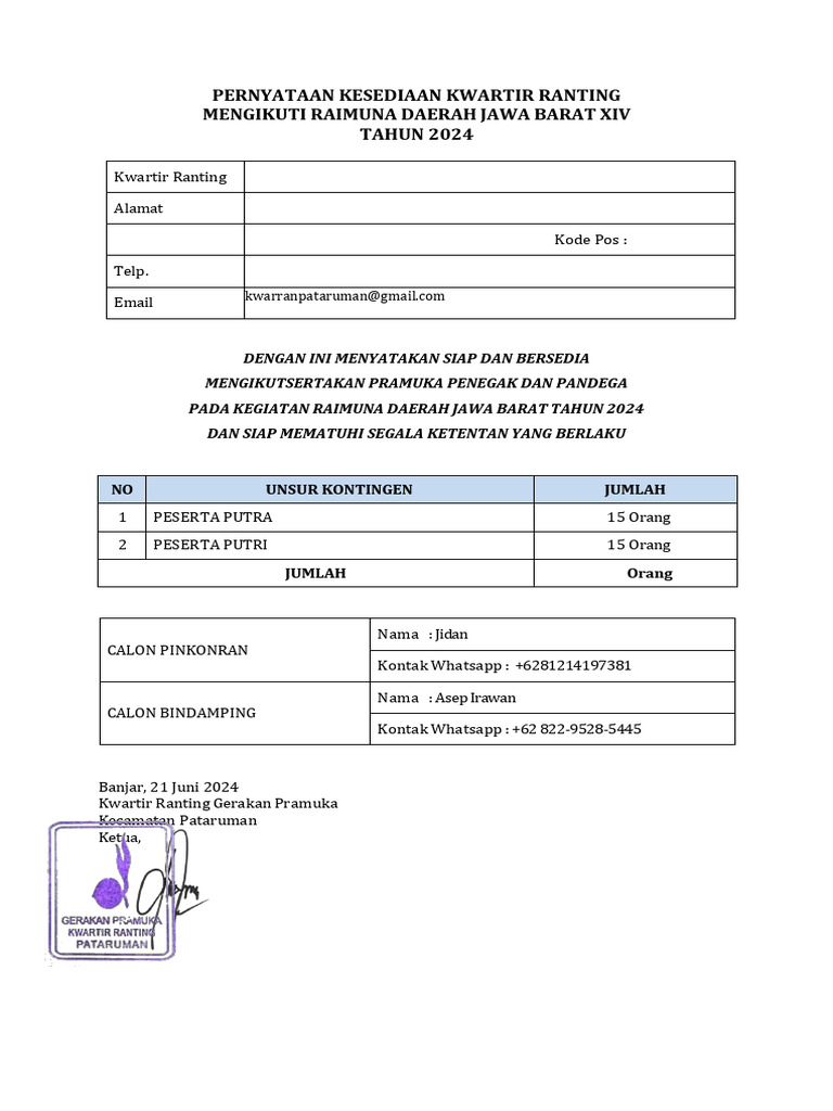 Pernyataan Kesediaan Kwartir Ranting Pataruman Kota Banjar Mengikuti ...