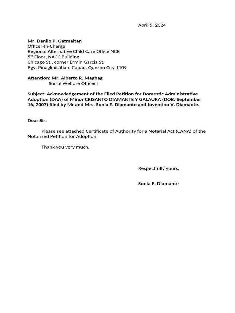 Adoption Transmittal of Lacking Requirements | PDF