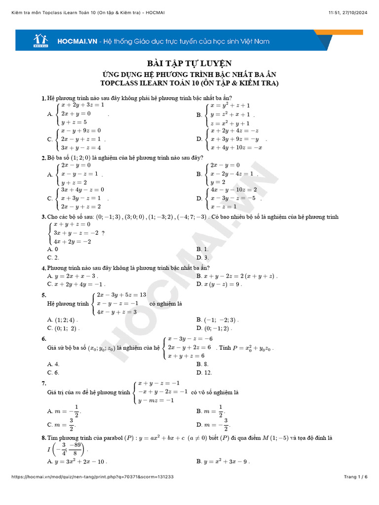 Bài T PT LUY: GD GH PH G Trì HB C H TBA Topclass Ilear TOÁ 10 (Ô T P & Ki M Tra) | PDF