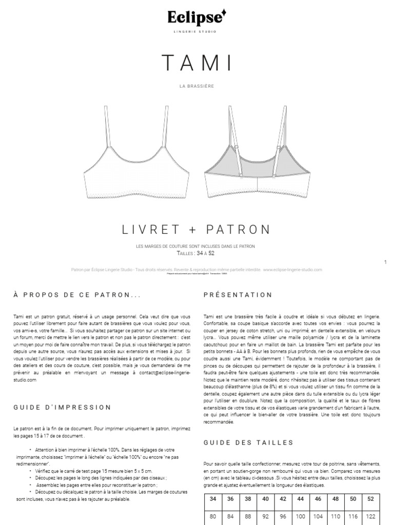 Patron gratuit brassière Tami 34-52 | PDF | Couture | Machine à coudre