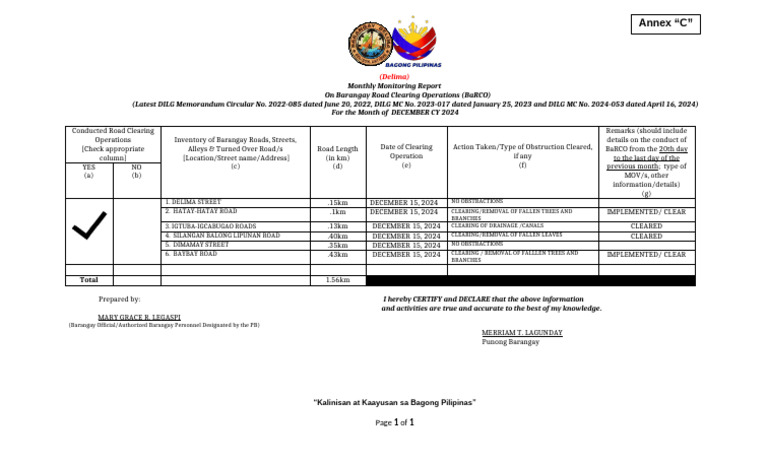 December 2024 Barangay Road Clearing Report | PDF