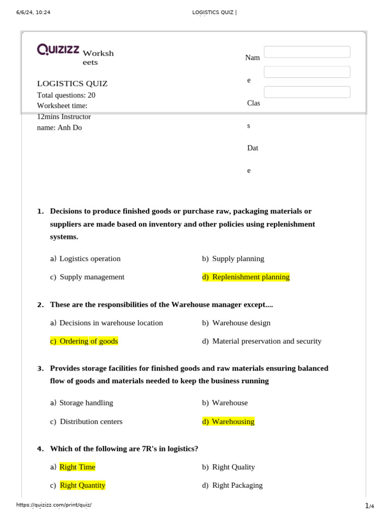 4. LOGISTICS QUIZ _ 20 Quizizz & Answers | PDF | Logistics | Warehouse