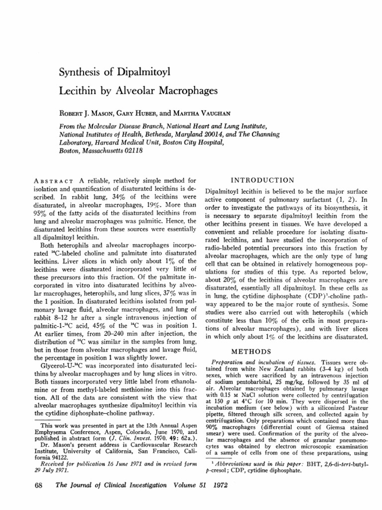 Synthesis of Dipalmitoyl Lecithin by Alveolar Macrophages: J. Mason ...