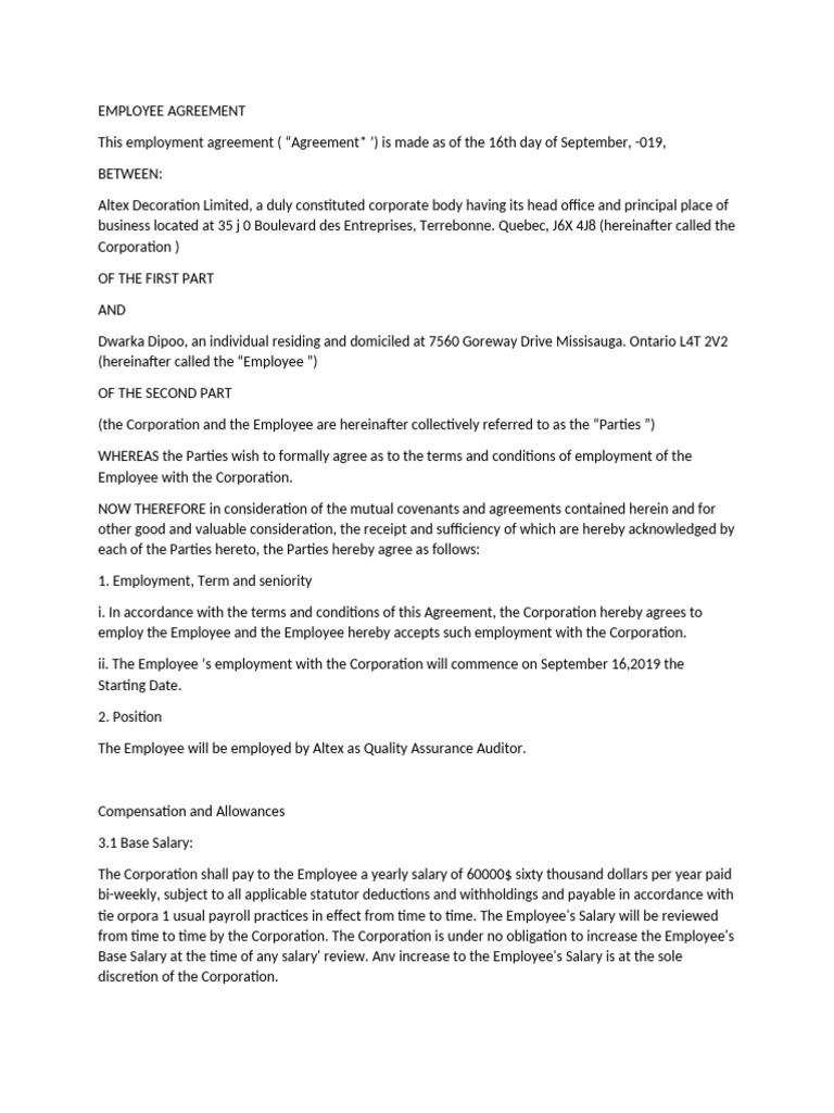 Employee Agreement Pdf Employment Internet