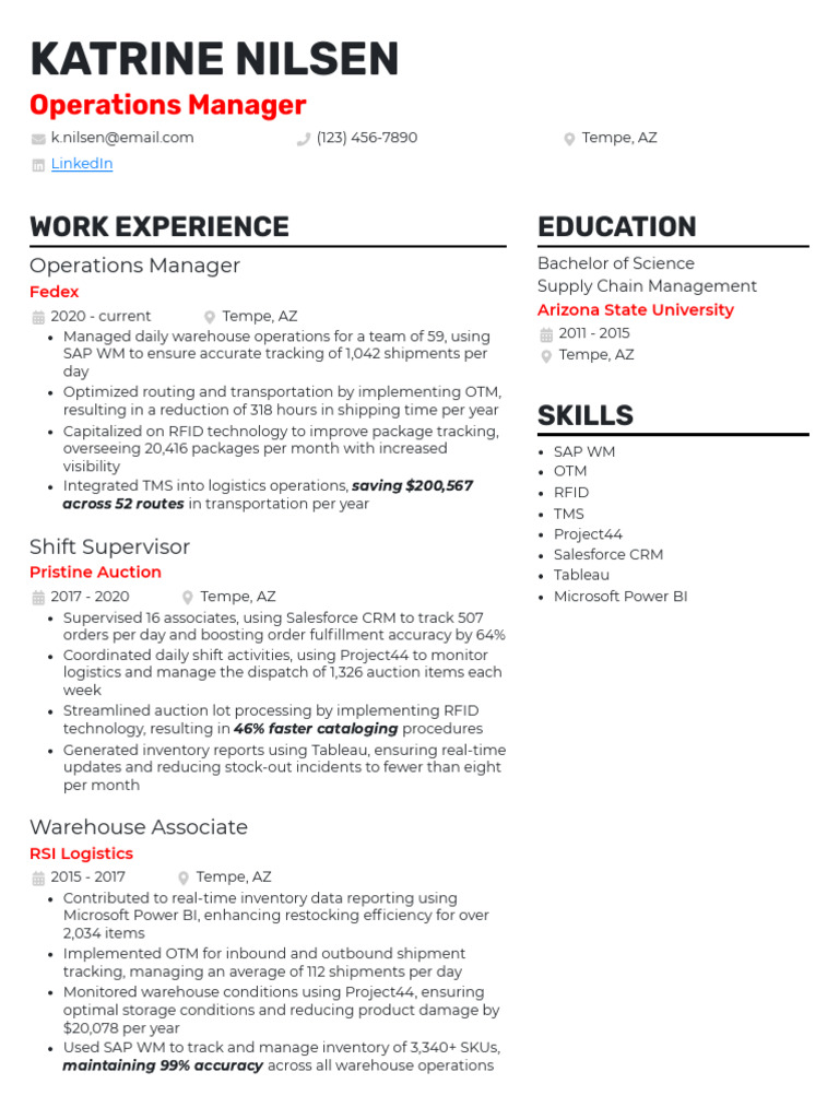Fedex Operations Manager Resume Example | PDF | Logistics | Warehouse