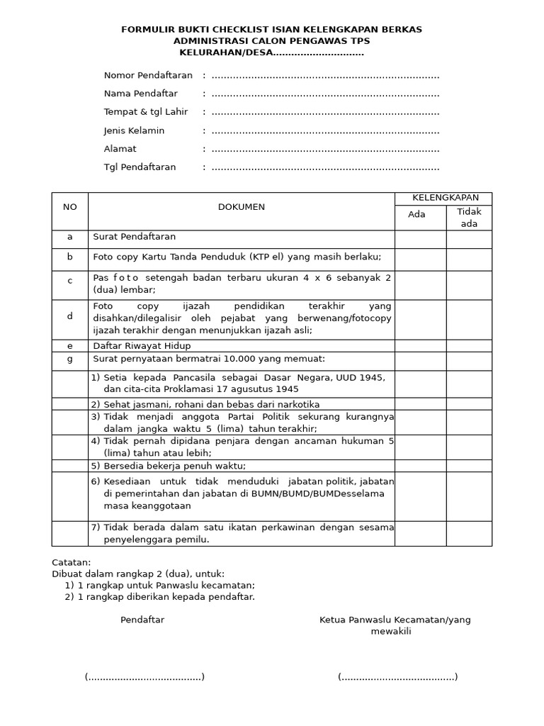 Formulir Bukti Checklist Isian Kelengkapan Berkas | PDF