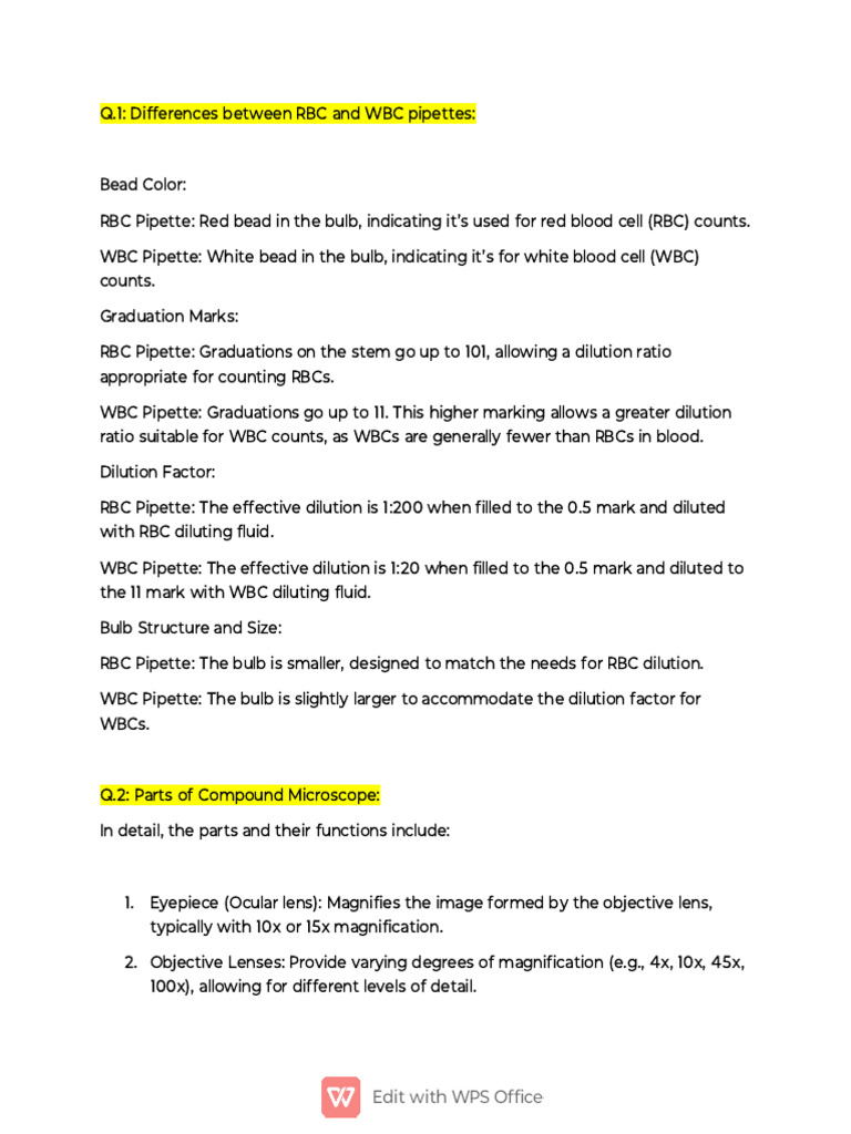 RBC vs WBC Pipettes & Microscope Parts | PDF | Optics | Electromagnetic ...
