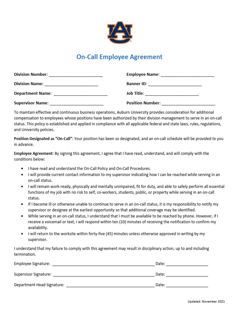 On-Call Employee Agreement Template | PDF | Justice | Crime & Violence