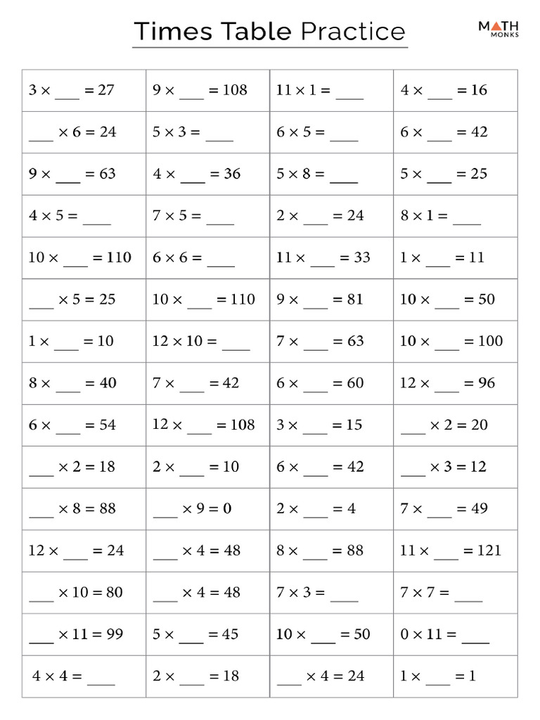 Time Table Worksheets For 4th Grade To Print | PDF