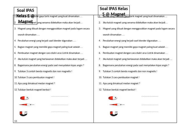 Soal IPAS Kelas 5: Magnet | PDF