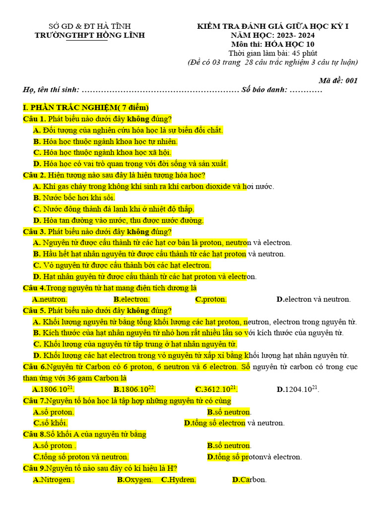 De Giua Hoc Ky 1 Hoa Hoc 10 Nam 2023 2024 Truong THPT Hong Linh Ha Tinh | PDF
